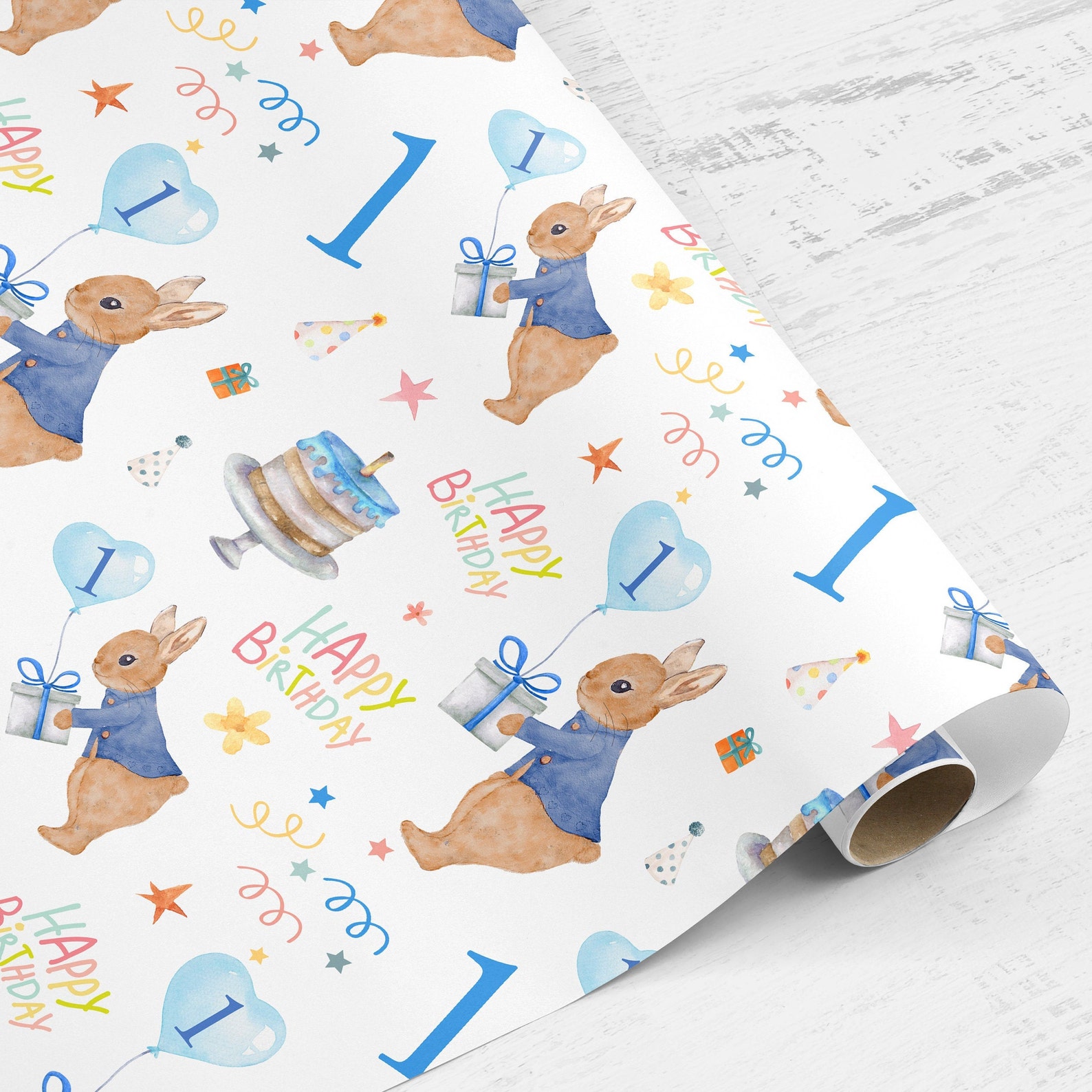 1st Birthday Rabbit Wrapping Paper Birthday Boy Wrapping - Etsy UK