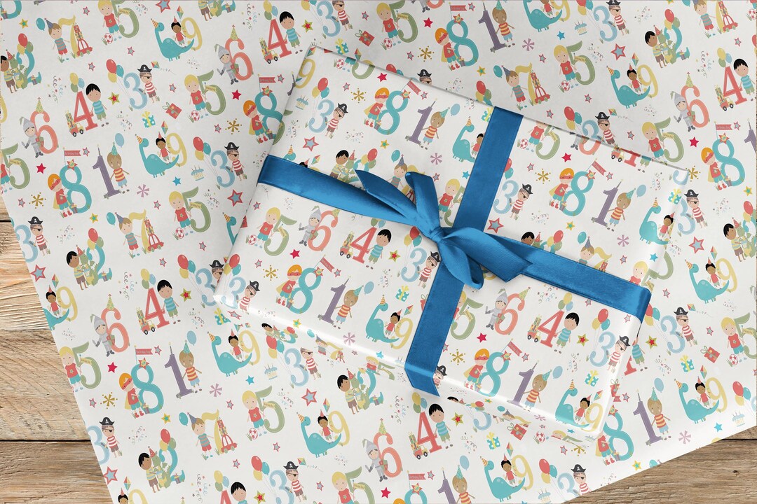 Boy Birthday Wrapping Paper, Numbers Age Party, Gift Wrap Paper for ...