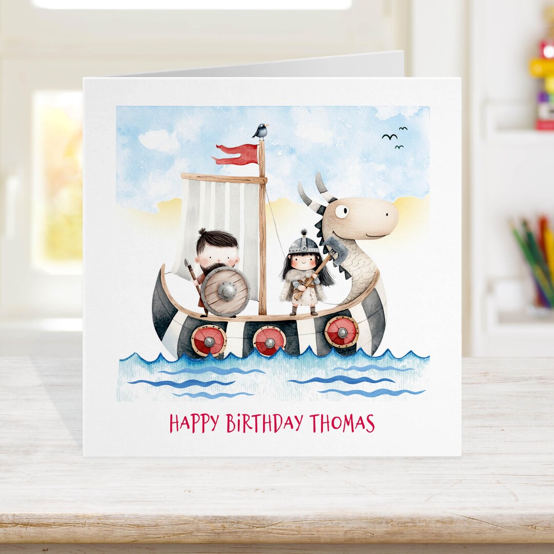 Personalised Viking Birthday Card - Cute Nordic Greeting Card for Kids ...