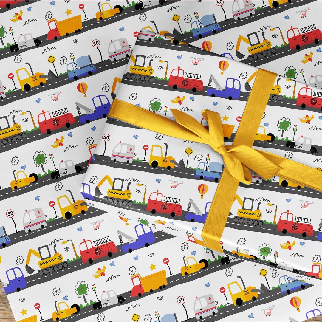 Transport Wrapping Paper Roll, Vehicles Police Ambulance Fire Engine ...