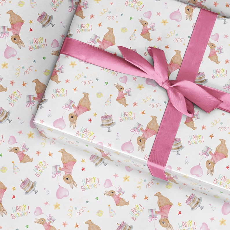 First Birthday Girl Wrapping paper Rabbit design 1st | Etsy