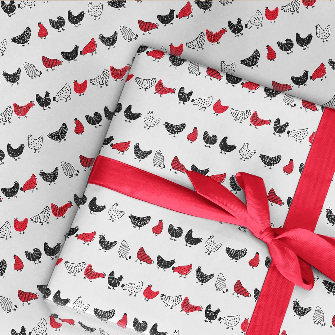Red Chicken Gift Wrap Sheet, Chicken Wrapping Paper, Illustrated ...