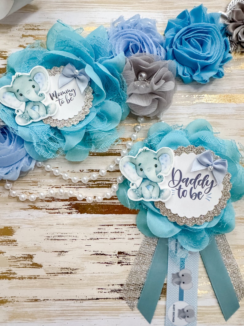Blue and Grey Elephant Baby Shower Sash and Family Pins for Baby Shower ...