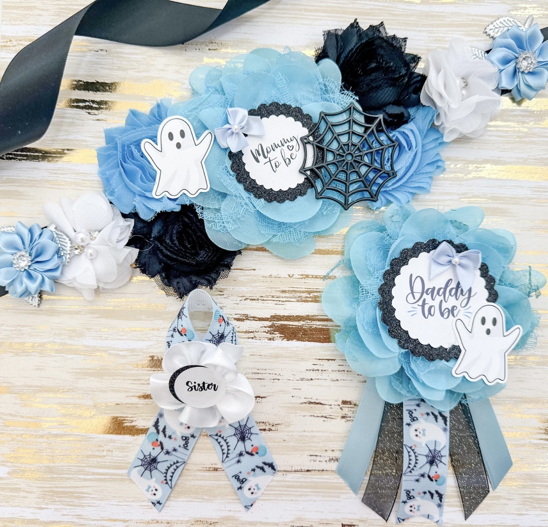 Blue A Boo is Due Ghost Theme Baby Shower Mommy to Be Sash and Family ...