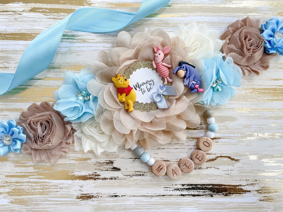 Blue Winnie the Pooh Baby Shower Sash, Maternity Sash for Baby Shower ...