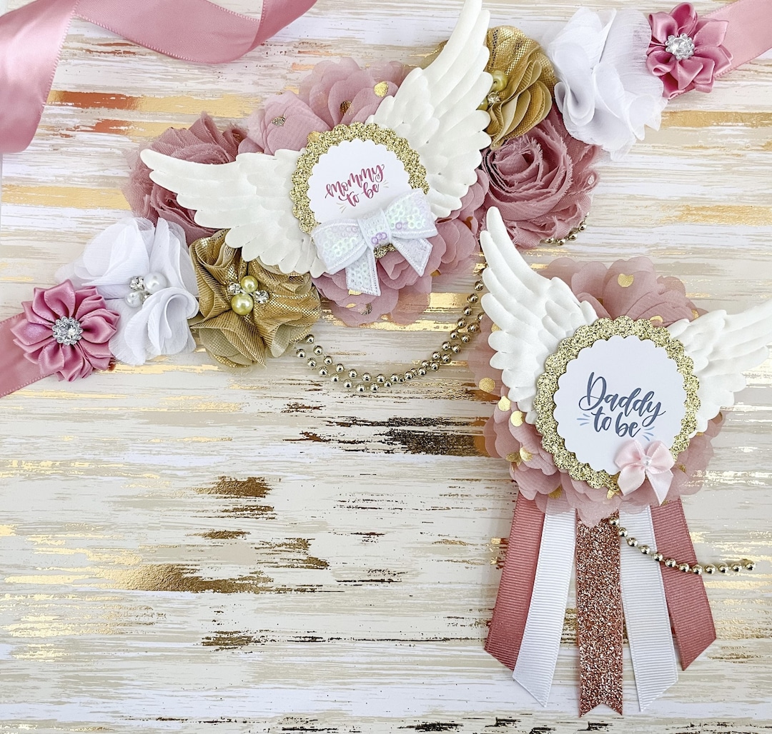 Pink and Gold Heaven Sent Baby Shower Sash, Maternity Sash for Angel ...