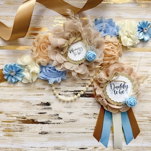 Boho Baby Shower Sash, Blue and Gold Pampas Grass Baby Shower, Bohemian ...