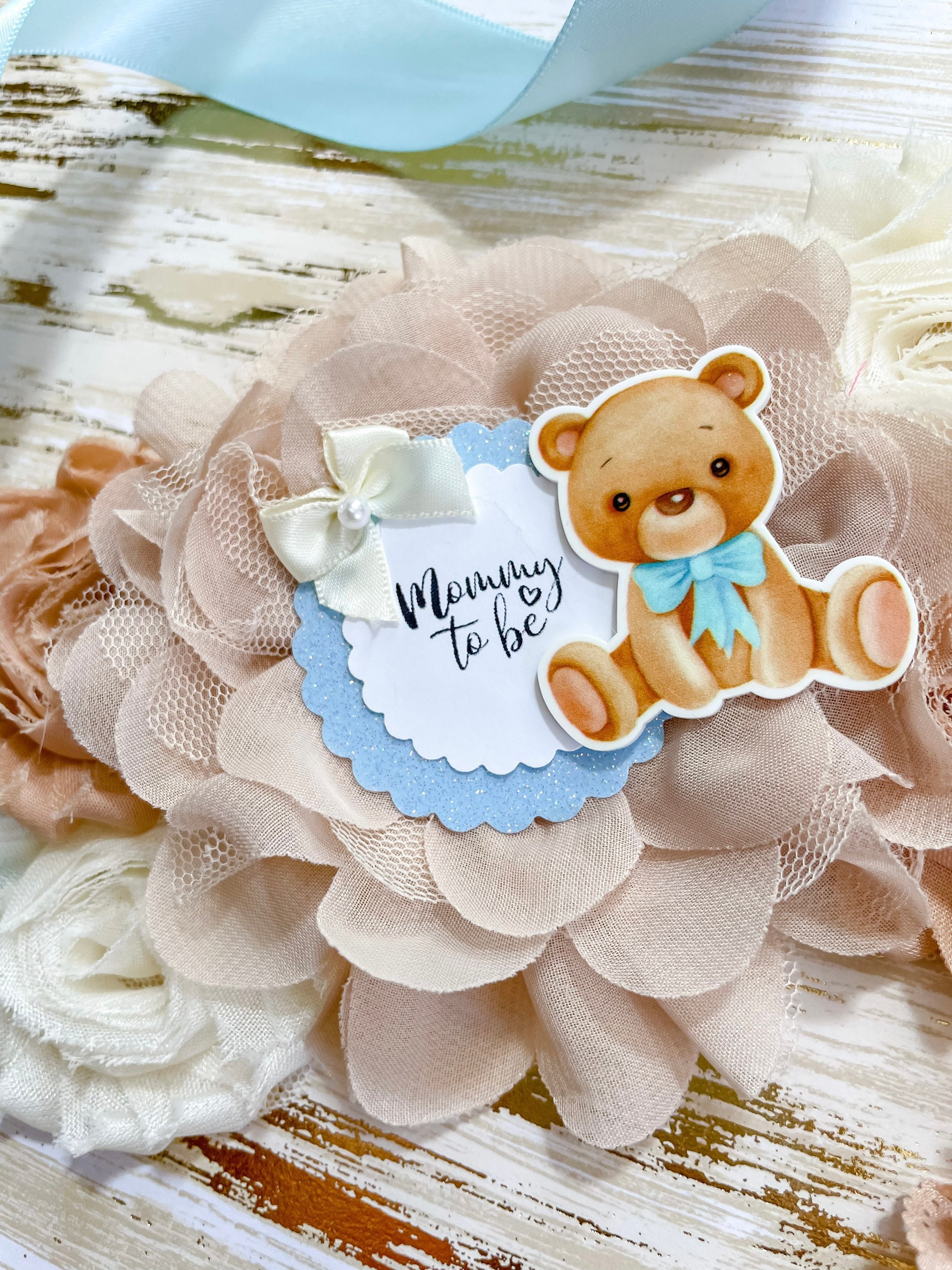 Teddy Bear Baby Shower Sash, Blue and Brown Teddy Bear Maternity Sash ...