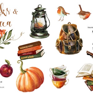 Automn Clipart Romantic Fall Books and Tea Autumn Flowers Leafs Cozy ...