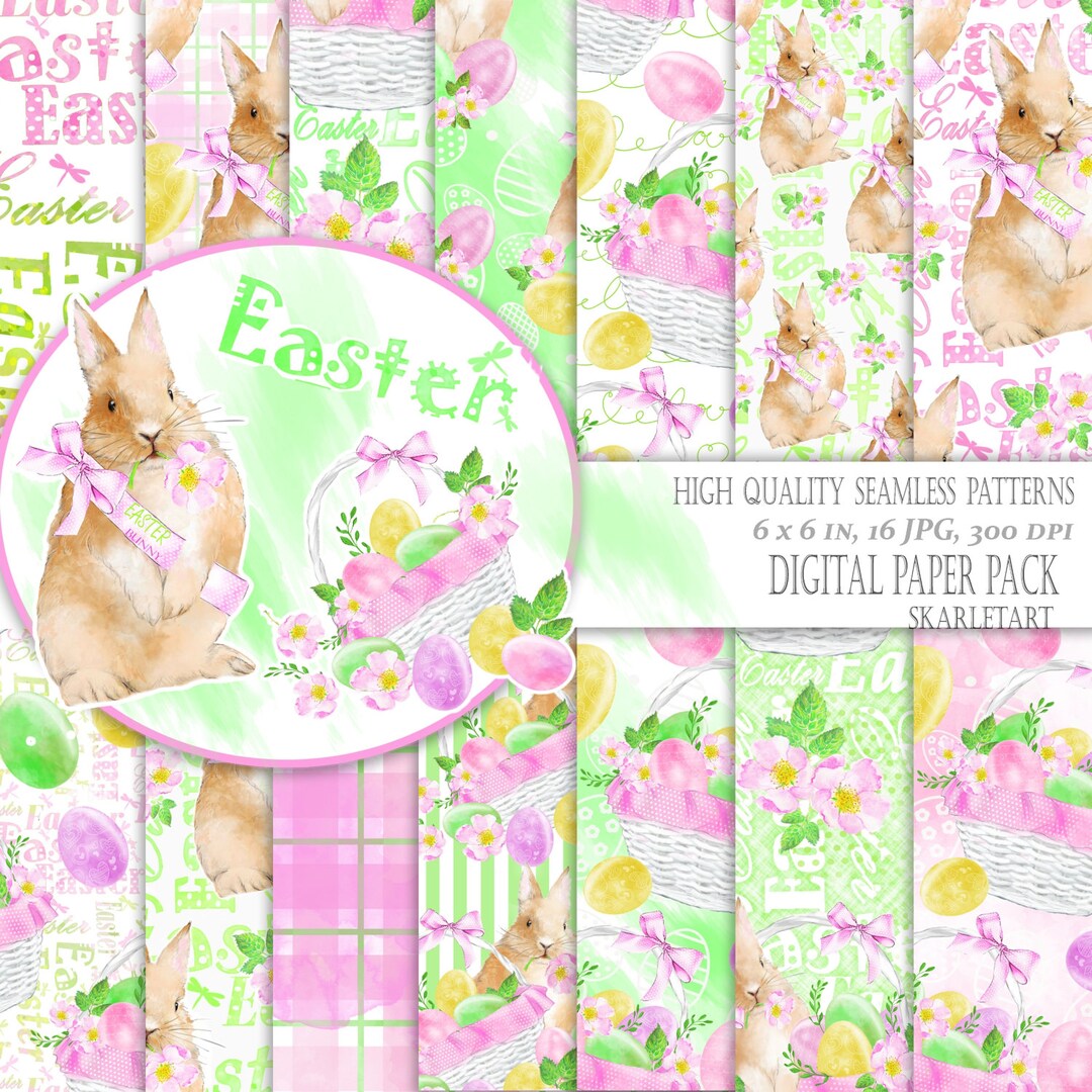 Digital Paper Pack Easter Paper Pack Pastel Pink Green Easter Bunny ...