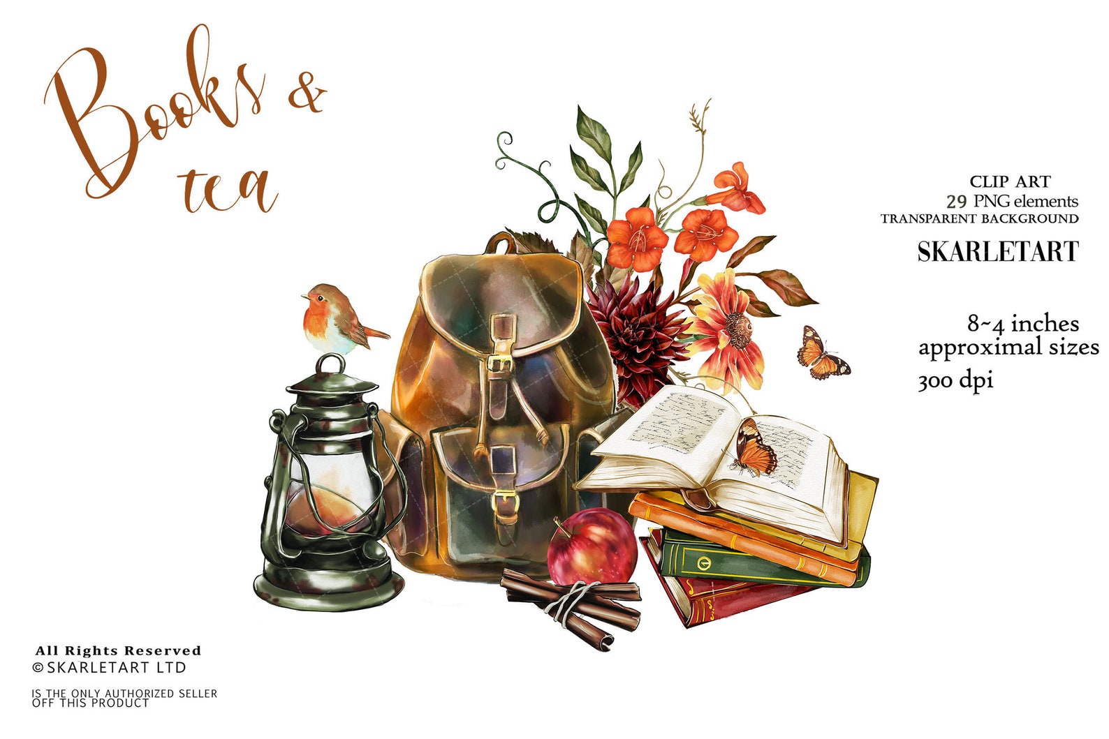 Automn Clipart Romantic Fall Books and Tea Autumn Flowers - Etsy