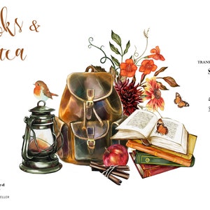 Automn Clipart Romantic Fall Books and Tea Autumn Flowers Leafs Cozy ...