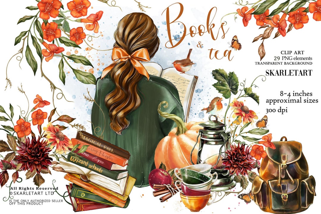 Automn Clipart Romantic Fall Books and Tea Autumn Flowers Leafs Cozy ...