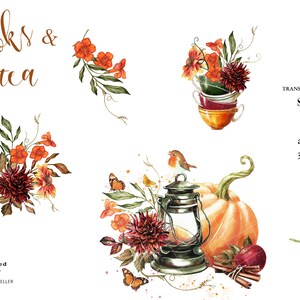 Automn Clipart Romantic Fall Books and Tea Autumn Flowers Leafs Cozy ...