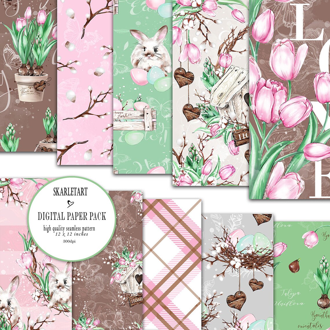 Digital Paper Pack Easter Paper Pack Pastel Pink Green Easter Bunny ...
