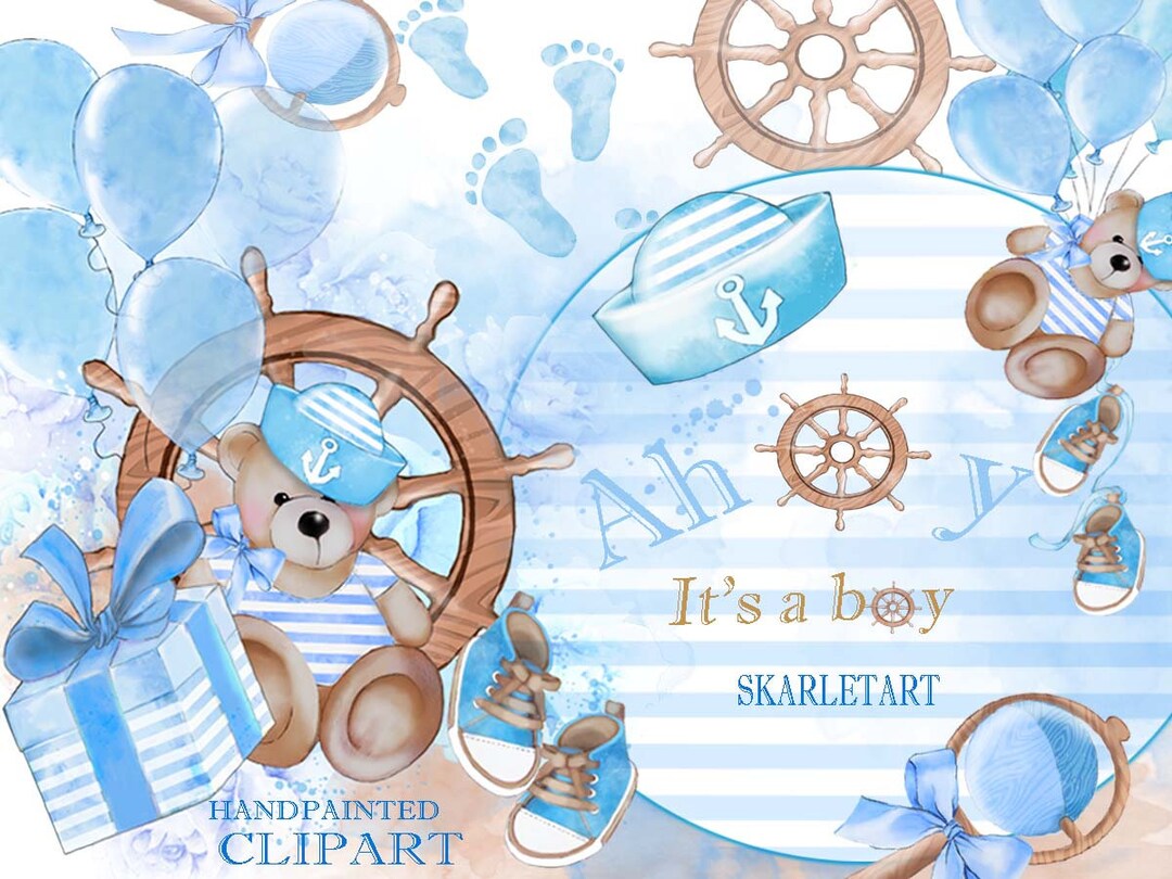 Baby Clipart Baby Shower Clipart Sea Marine Baby Boy Clipart Watercolor ...