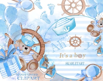 Nautical Teddy Bear Clipart, Sea Watercolor Clip Art, Teddy Graphic ...