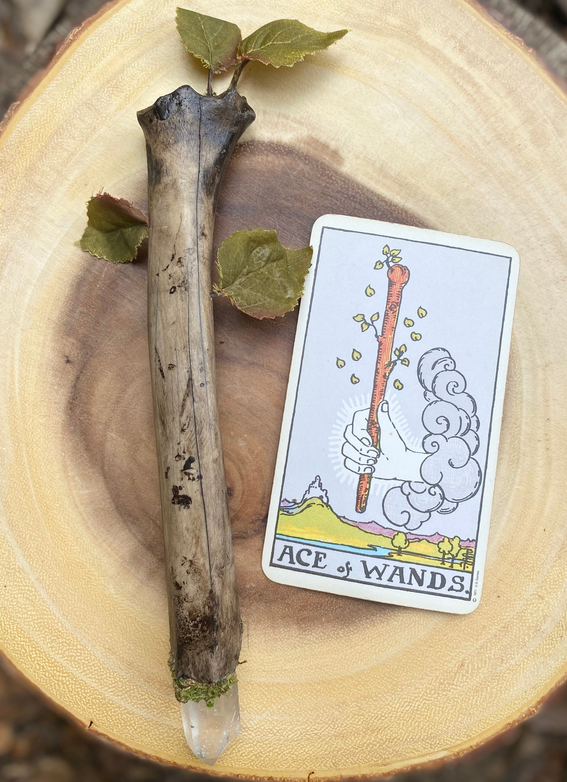 Bone and Crystal Wand, Inspired by Tarot Ace of Wands