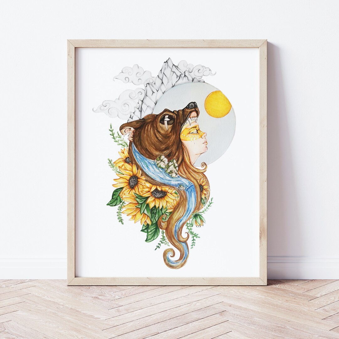Summer Solstice Goddess Art Print With Bear Headdress Nature - Etsy