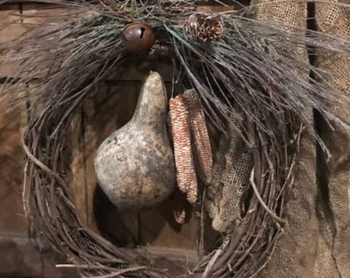 Primitive Wreath Winter Dried Gourd Corn Cobs Rusty Jungle Bells Early ...