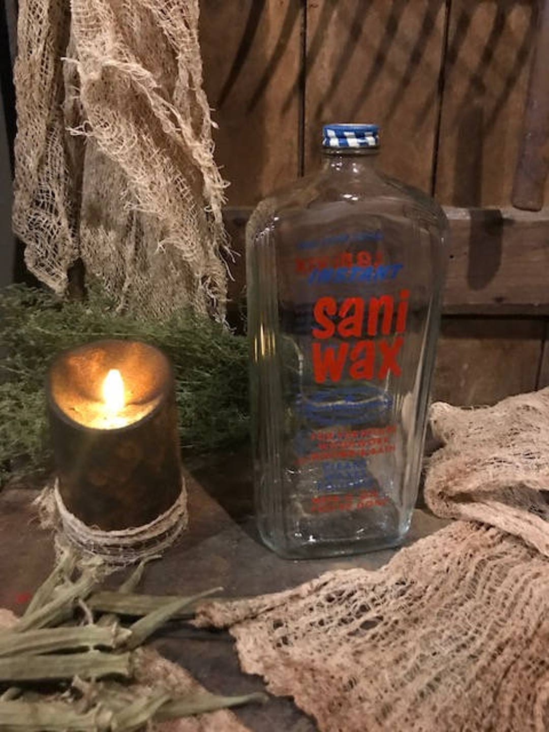 Primitive Old Glass Bottle Sani Wax Bottle 1960 Original Blue and White ...
