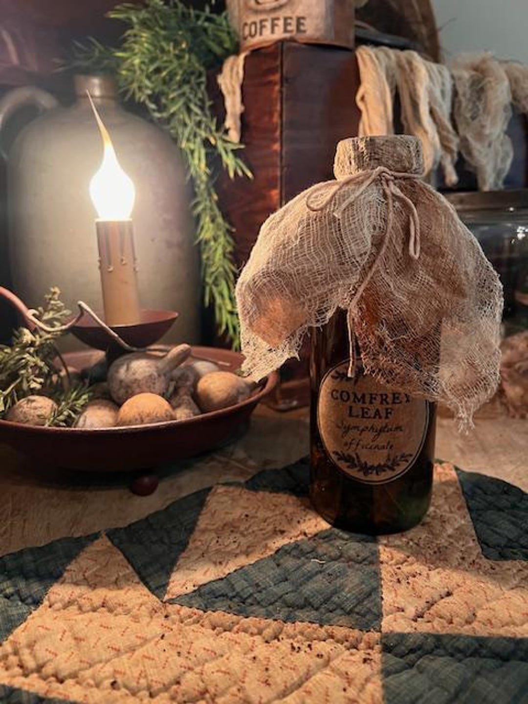 Primitive Pantry Jar Comfrey Leaf Amber Glass Homestead Cupboard Tuck ...