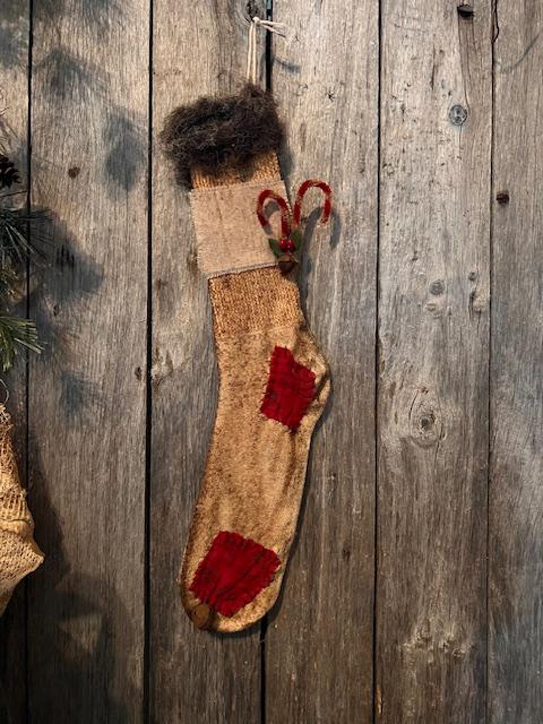 Primitive Grubby Christmas Stocking Make Do Sheep Wool Cabin Early Look ...