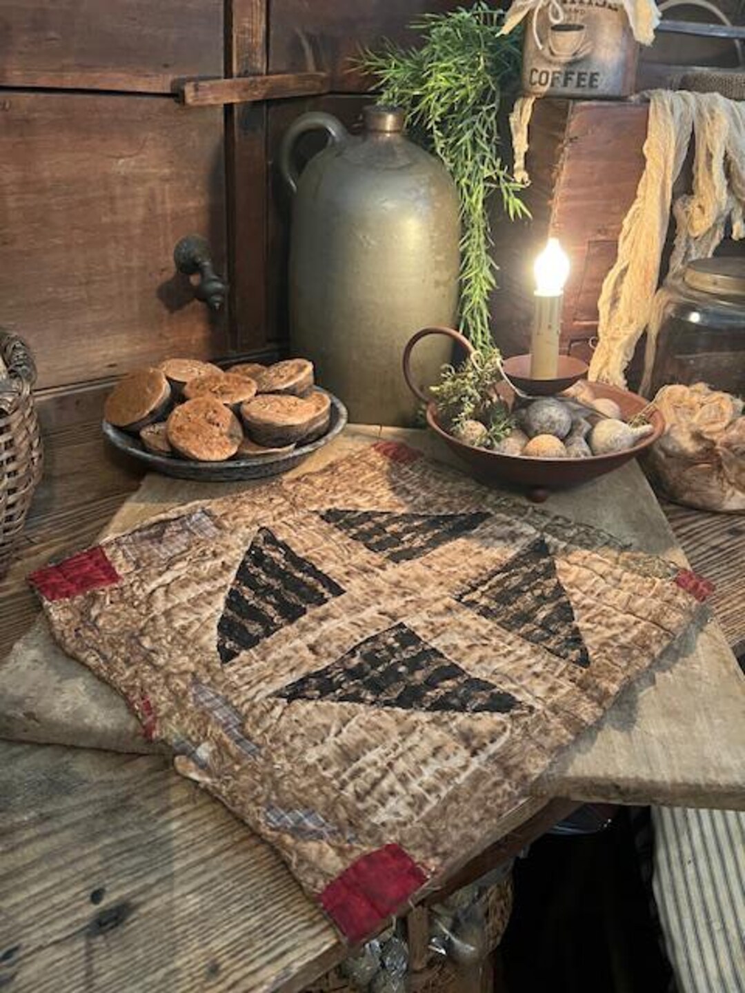 Primitive Old Quilt Candle Mat Homestead Table Runner Early Look Grubby ...