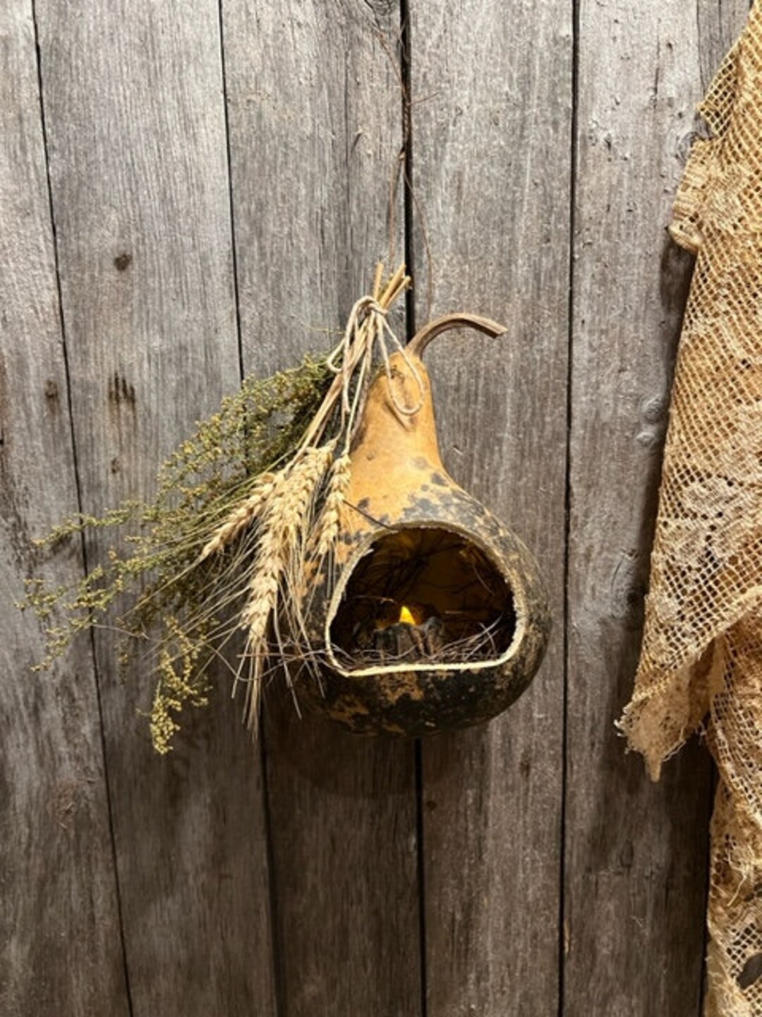 Primitive Dried Gourd Lantern Peg Hanger Homestead Candle Light Early ...