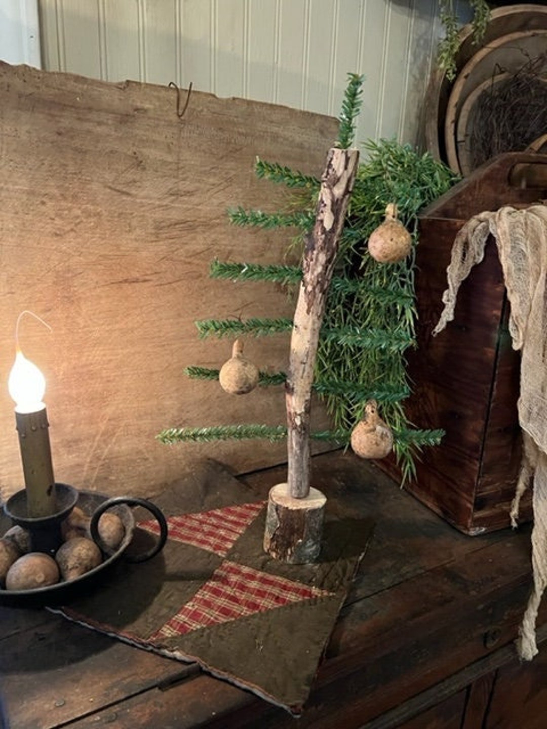 Primitive Country Twig Tree Make Do Spinner Gourd Ornaments Christmas ...