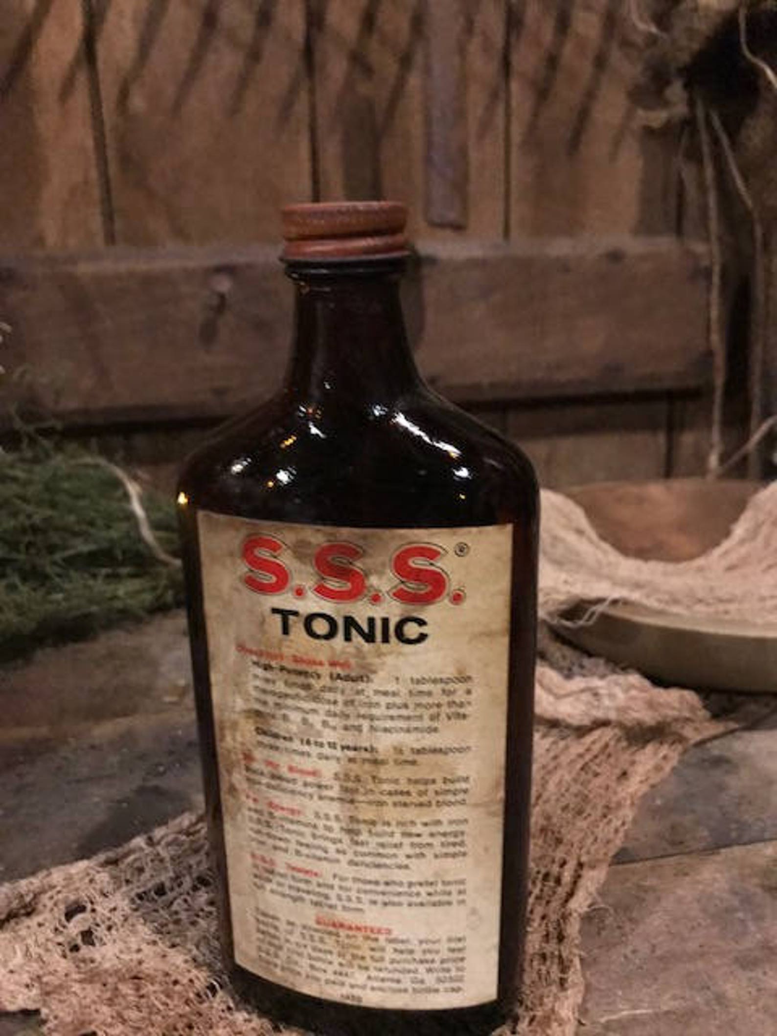 Old Primitive SSS Tonic Bottle Amber Glass Vintage 1960 Original Red ...