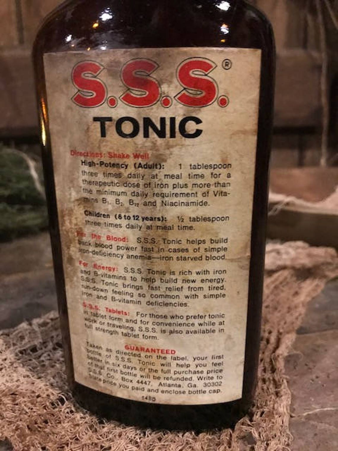 Old Primitive SSS Tonic Bottle Amber Glass Vintage 1960 Original Red ...