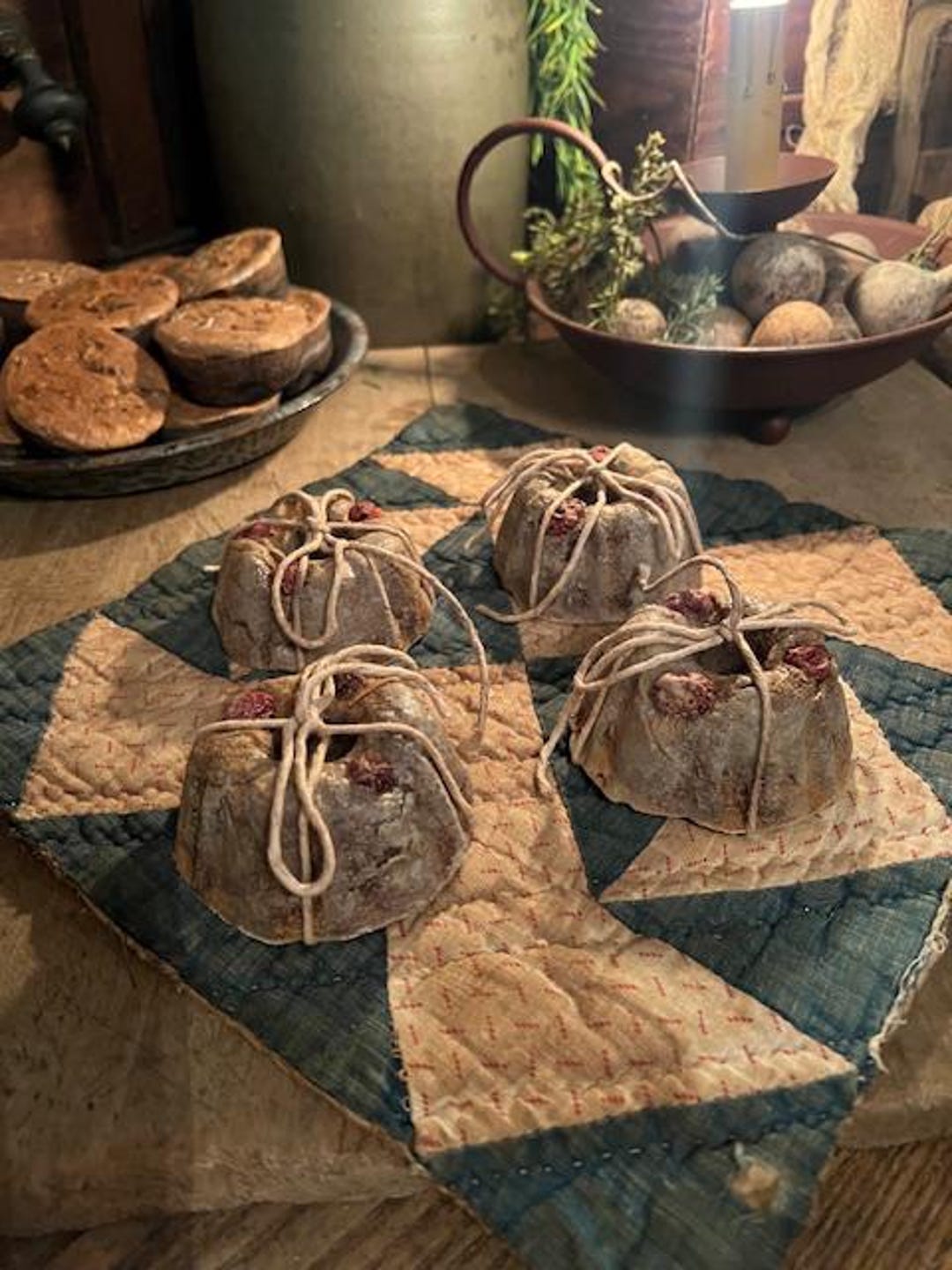 Primitive Pantry Muffin Cakes Set of FOUR Early Look Cupboard Tuck ...
