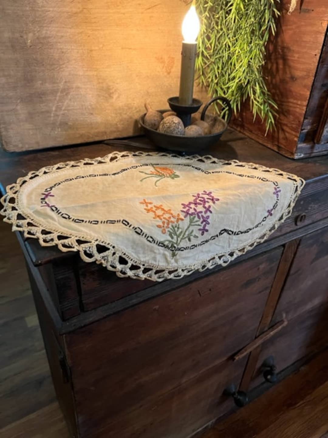 Primitive Old GRUBBY Doily Candle Mat Country Homestead Embroidery Bowl ...
