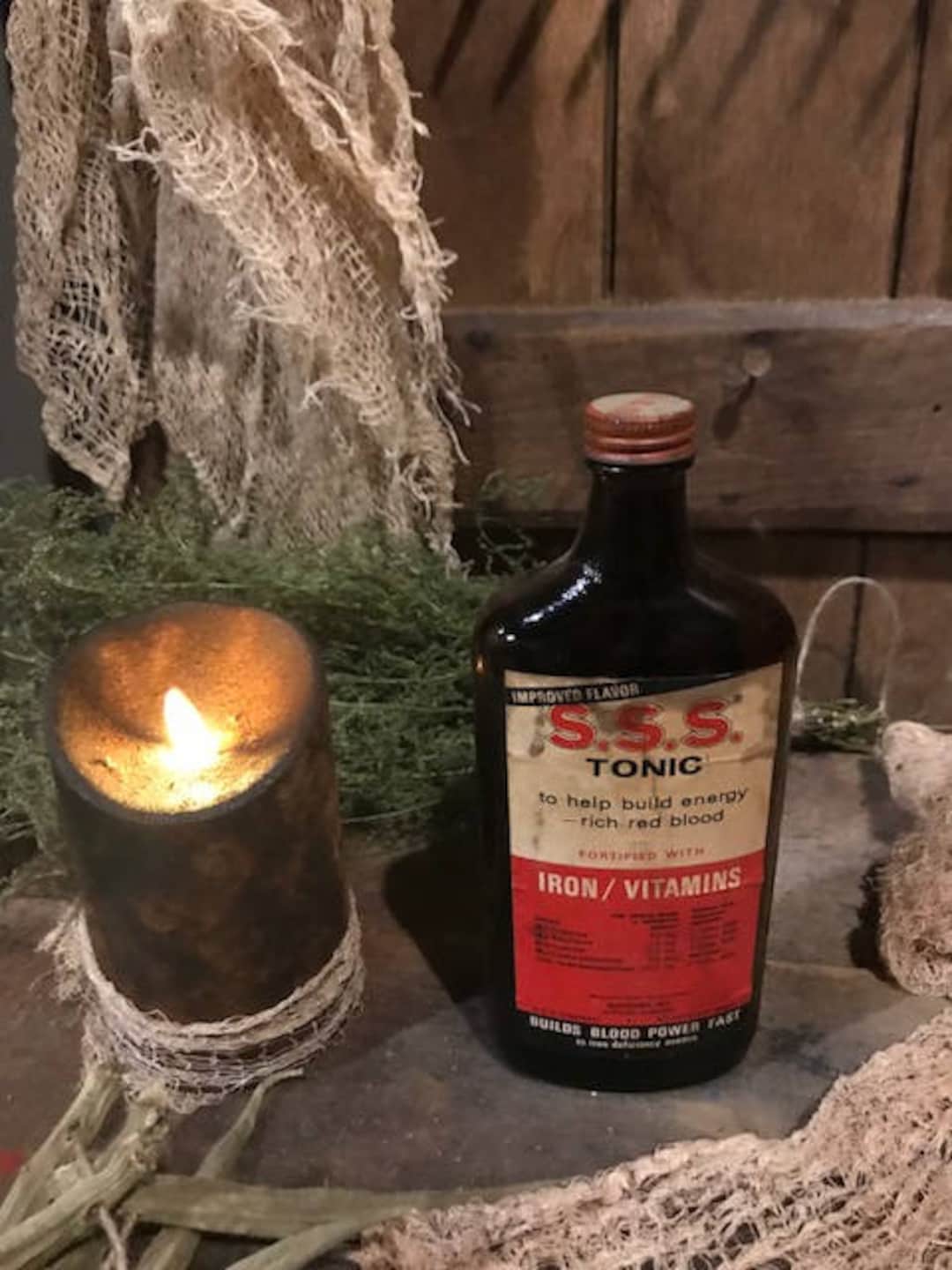 Old Primitive SSS Tonic Bottle Amber Glass Vintage 1960 Original Red ...