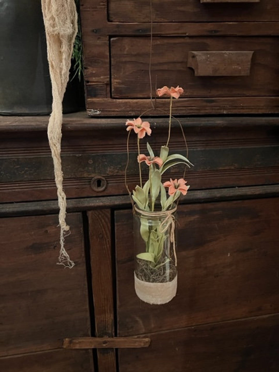 Primitive Spring Peg Hanger Flowers in Glass Jar Early Look Cupboard ...