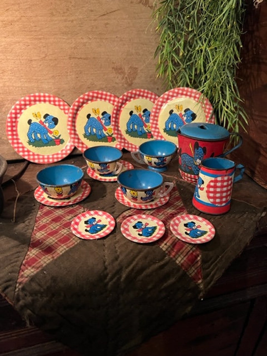 Vintage 50's Child Toy Tin Tea Set Polka Dot Puppy Ohio Art Co. Tin ...