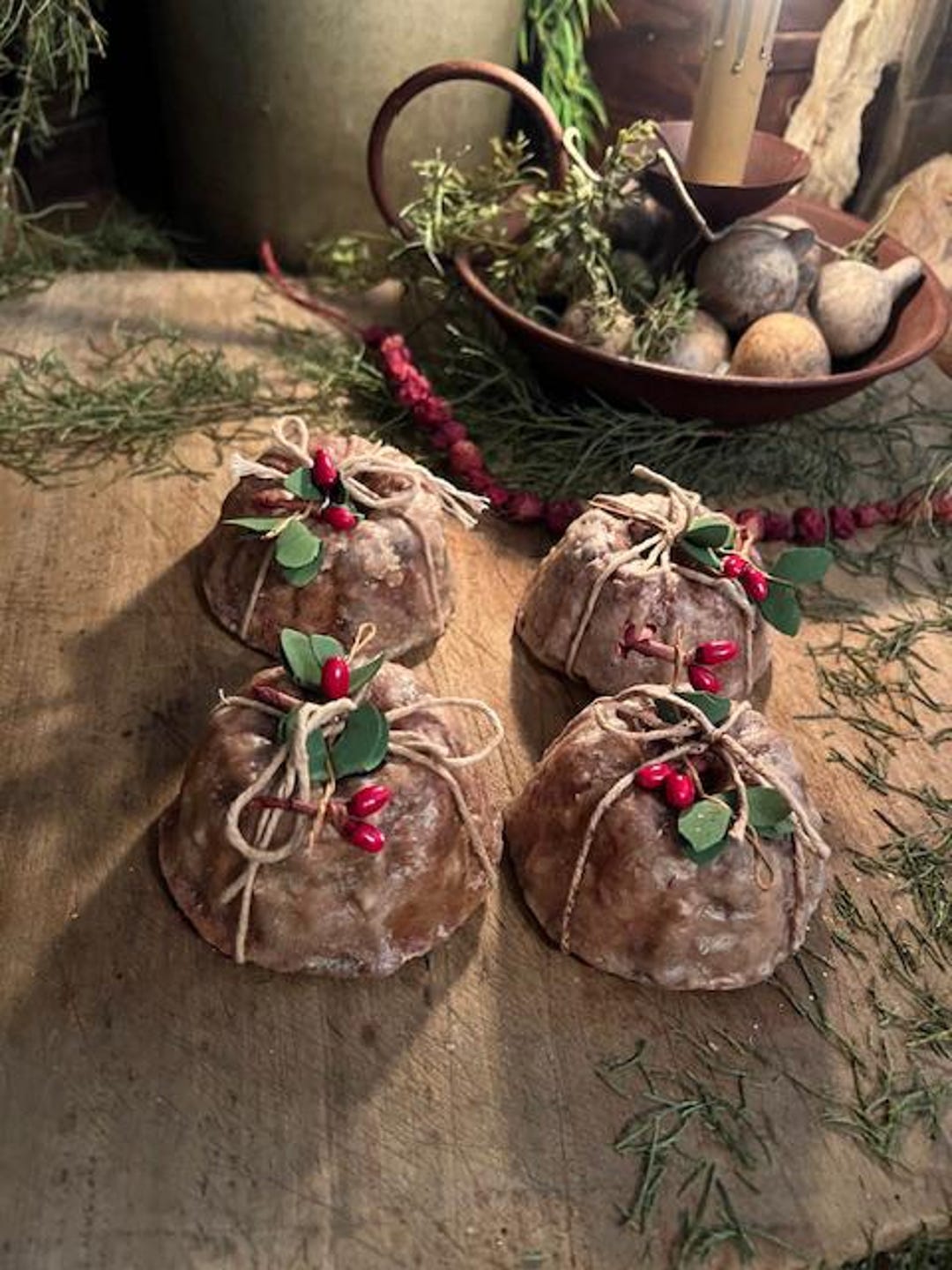 Primitive Pantry Muffin Cakes Set of FOUR Early Look Cupboard Tuck ...