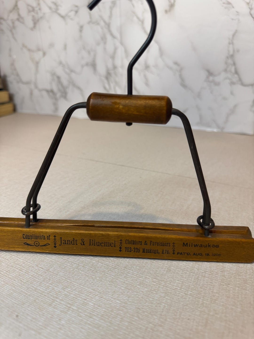 Antique Jandt and Bluemel Clothiers Milwaukee Wood & Wire Pants Hanger ...