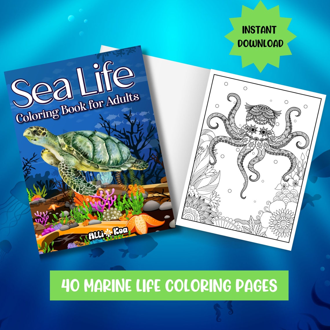 Sea Life Coloring Book for Adults: 40 Printable PNG Pages (digital ...