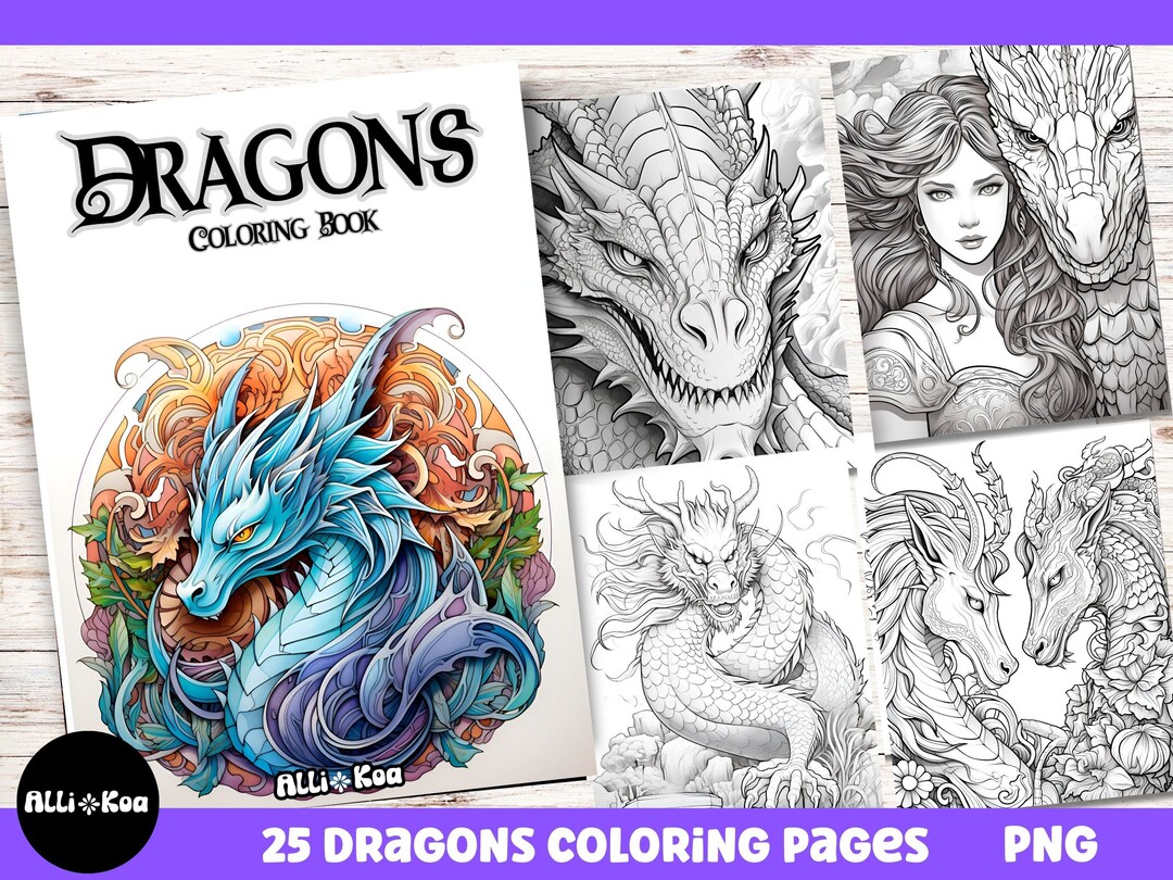 Dragon Coloring Book L 25 Grayscale Pages L Fantasy Art (digital ...