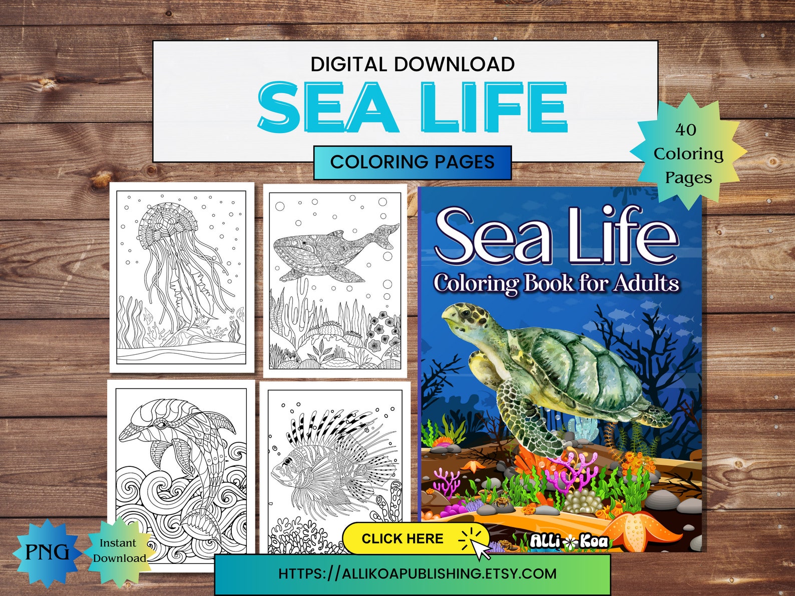 Sea Life Coloring Book for Adults: 40 Printable PNG Pages (digital ...