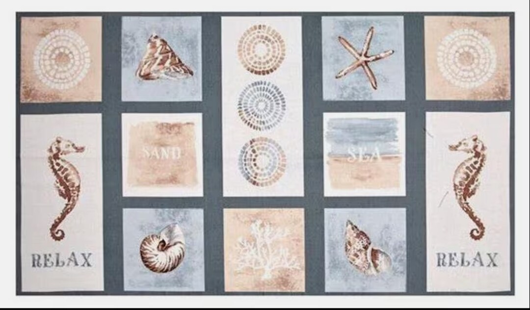 Sand and Sea Nautical Fabric Quilt Panel Sea Horse Sand Dollar ...