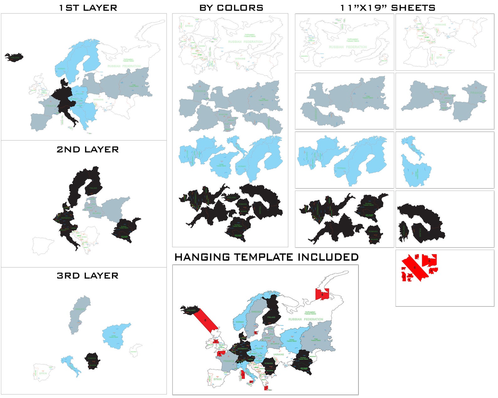 Map of Europe 3D, Laser Cut File, SVG, EPS, DXF, Cdr, Pdf, Multilayered ...