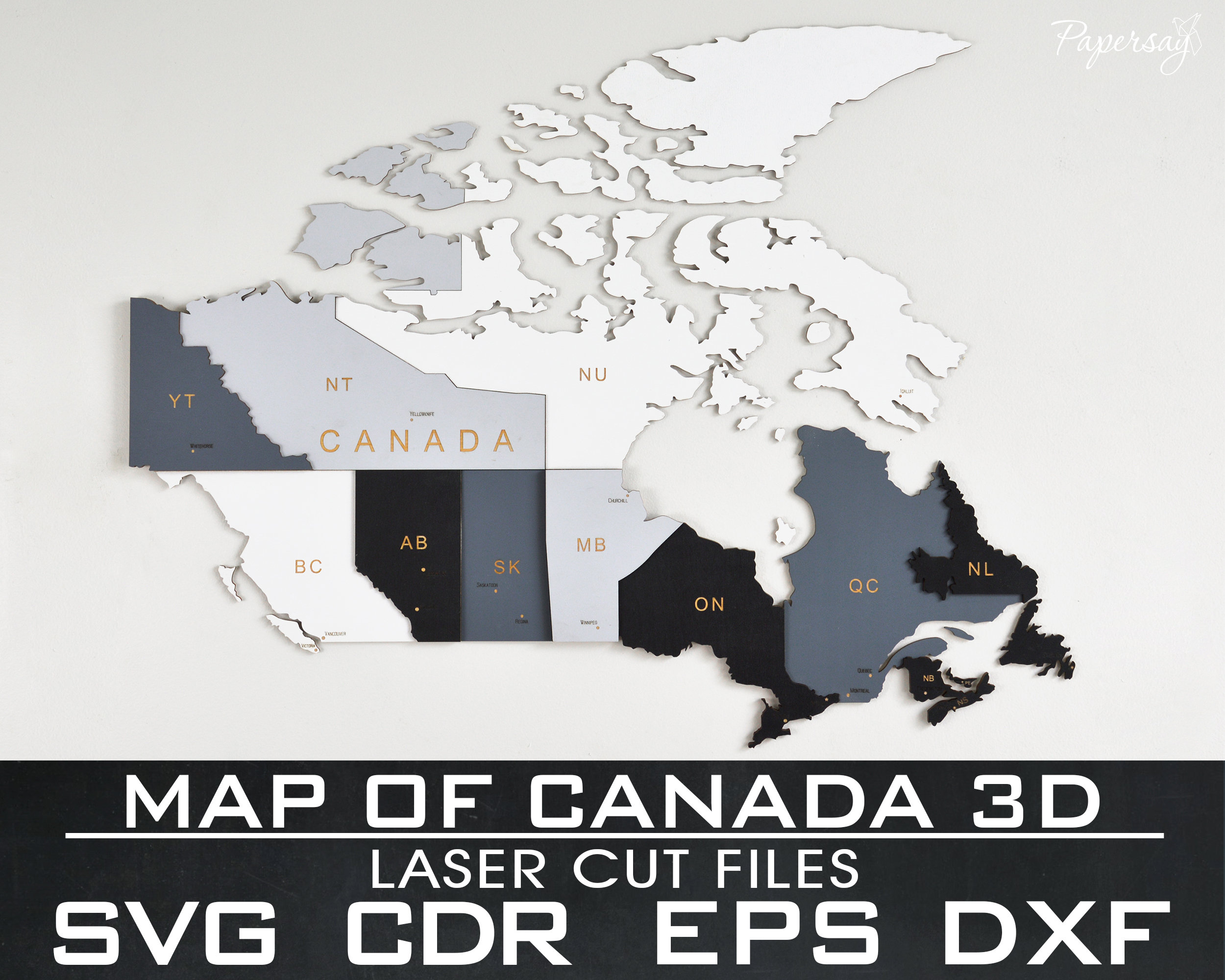 Map of Canada 3D, Laser Cut File, SVG, EPS, DXF, Cdr, Pdf, Multilayered ...