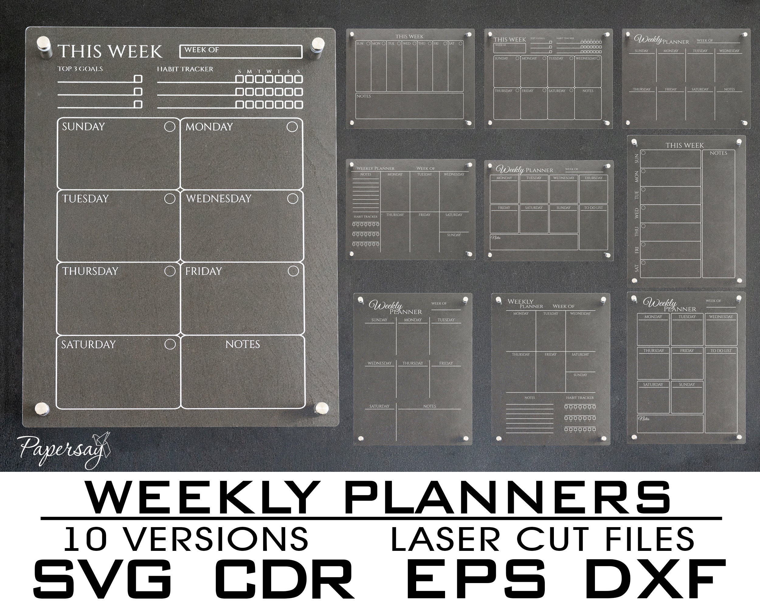 Weekly Planners, 10 Versions, Digital Files, SVG, EPS, CDR, Dxf, Pdf ...