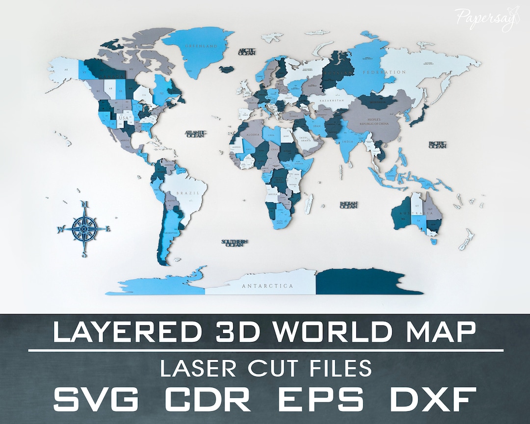Map of the World 3D, Laser Cut File, SVG, EPS, DXF, Cdr, Pdf ...