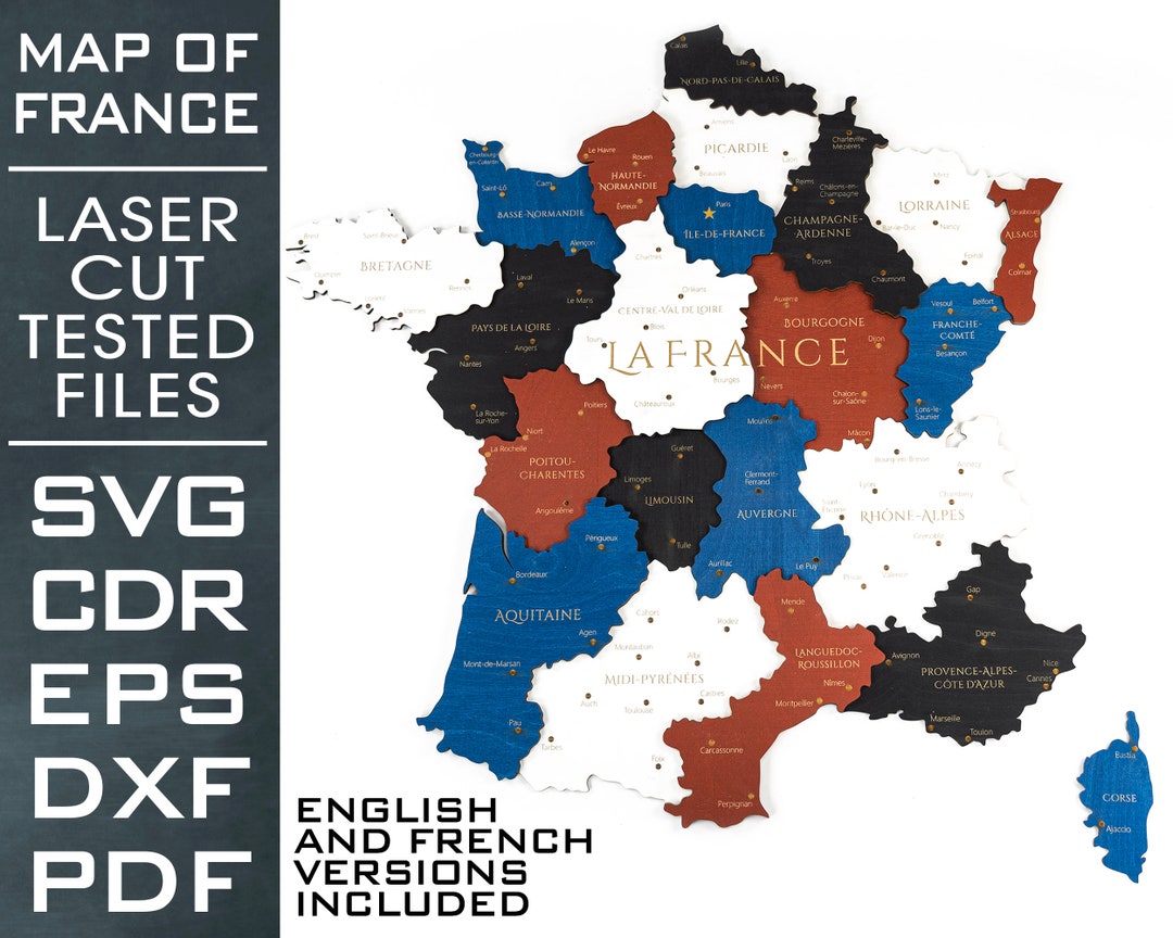 Map of France 3D, Laser Cut File, SVG, EPS, Dxf, Cdr, Pdf, Multilayered ...