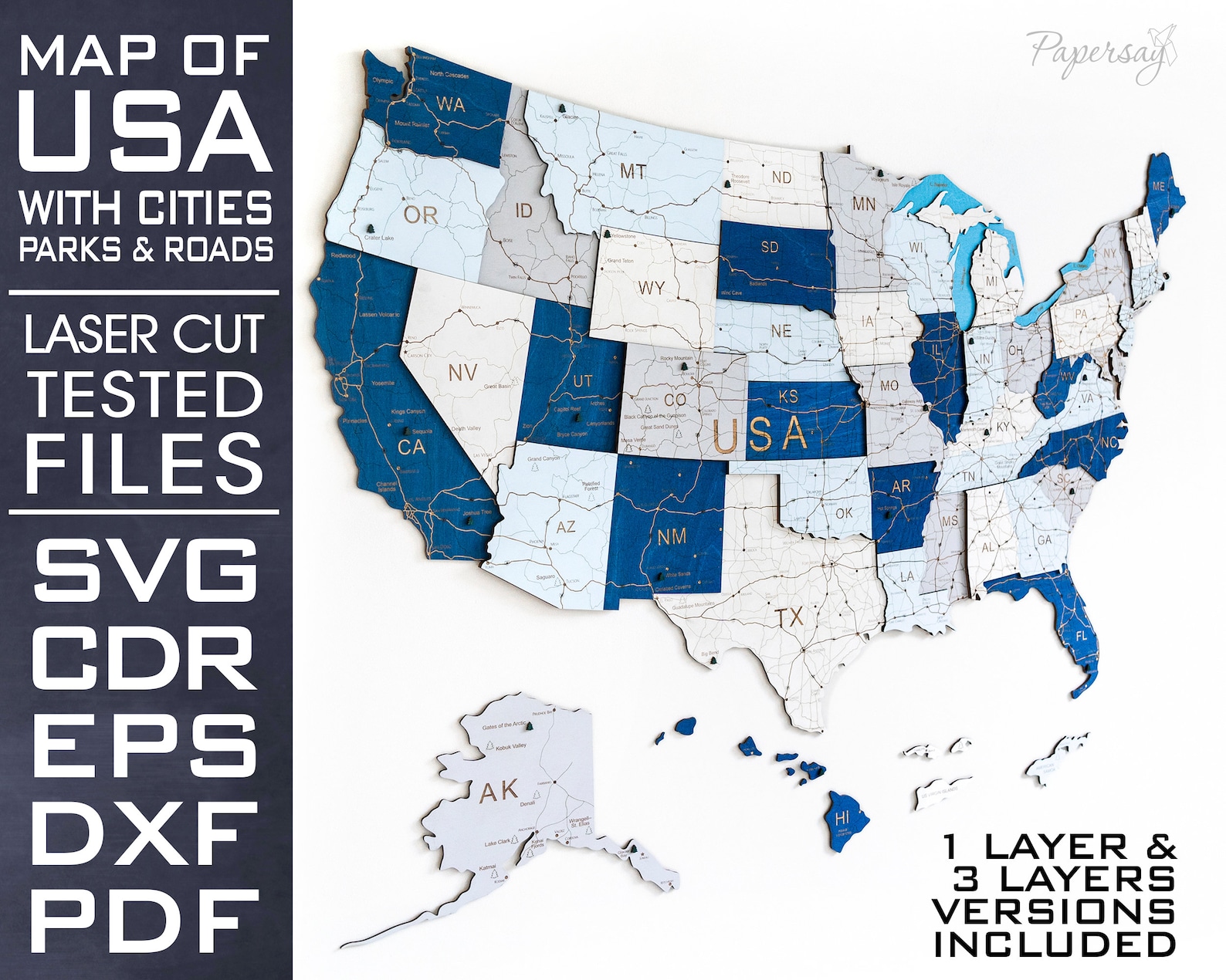 Map of USA With National Parks Cities and Roads, Laser Cut File, SVG ...