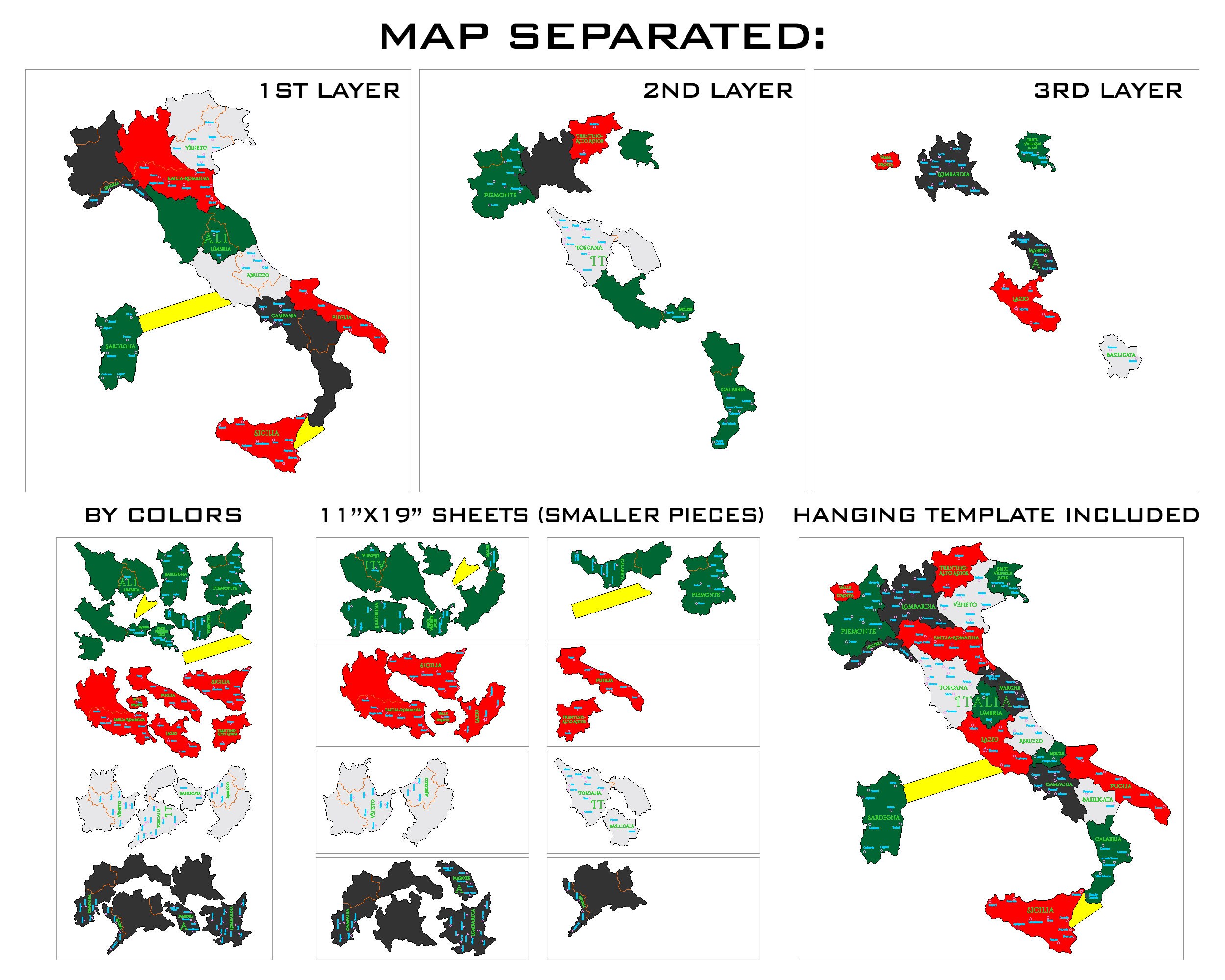 Map of Italy 3D, Laser Cut File, SVG, EPS, Dxf, Cdr, Pdf, Multilayered ...